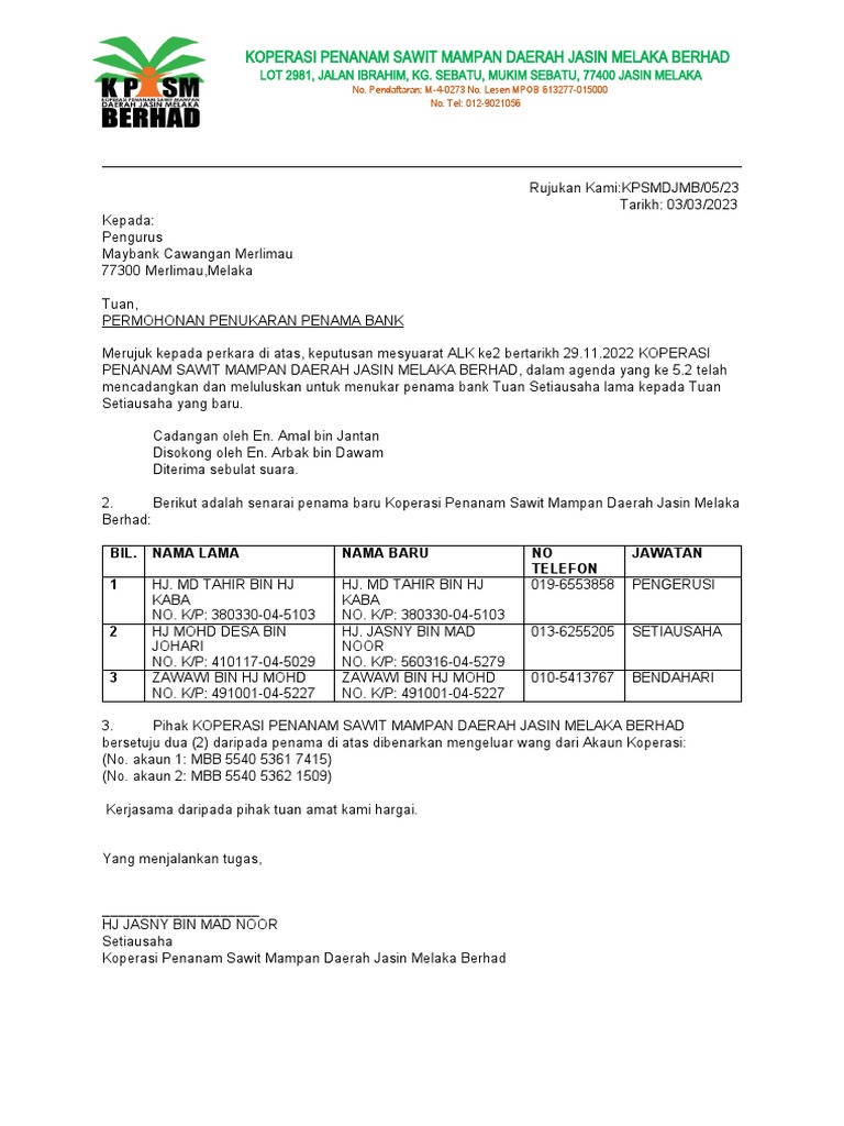 Penukaran Penandatangan Bank KPSM | PDF