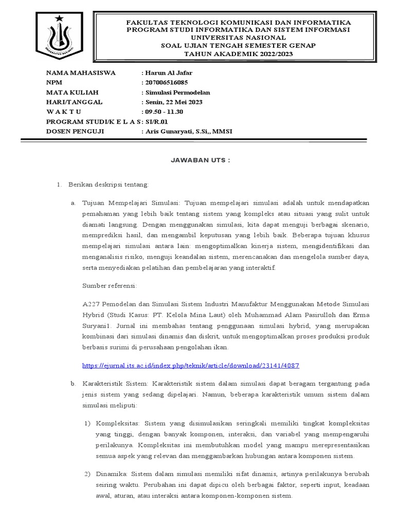 UTS Simulasi Permodelan R.01 (Harun Al Jafar - 207006516085 - Sistem Informasi) | PDF ...