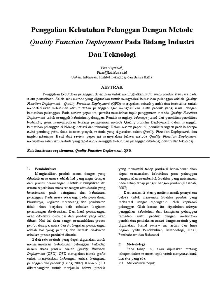 Penggalian Kebutuhan Pelanggan Dengan Metode Quality Function ...