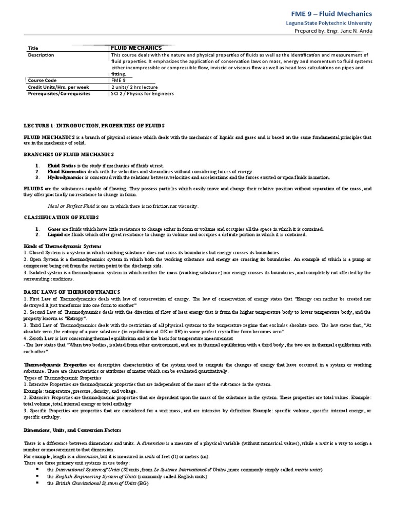 Lecture Notes 1 - Fluid Mechanics | PDF | Fluid Mechanics | Fluid Dynamics