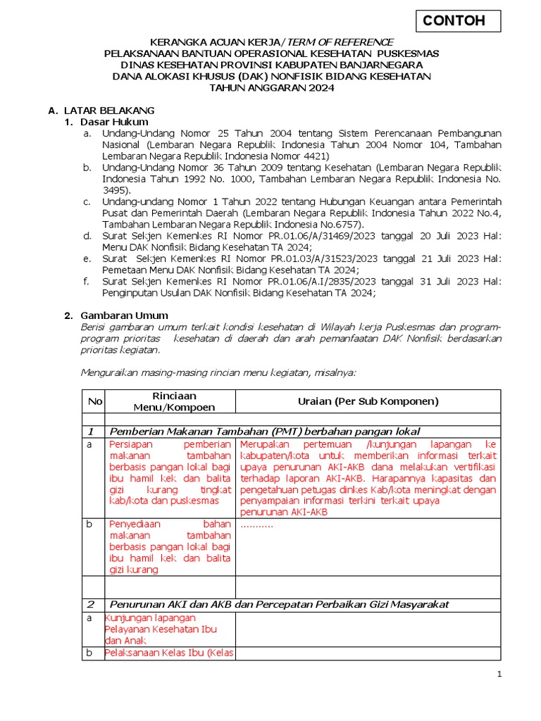 #6 Contoh Format Tor Bok Puskesmas 2024 | PDF
