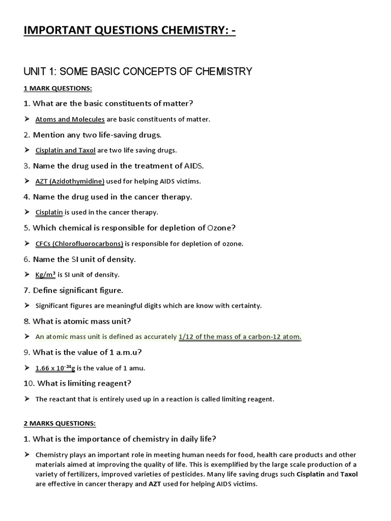Important Questions Chemistry | PDF | Mole (Unit) | Molecules