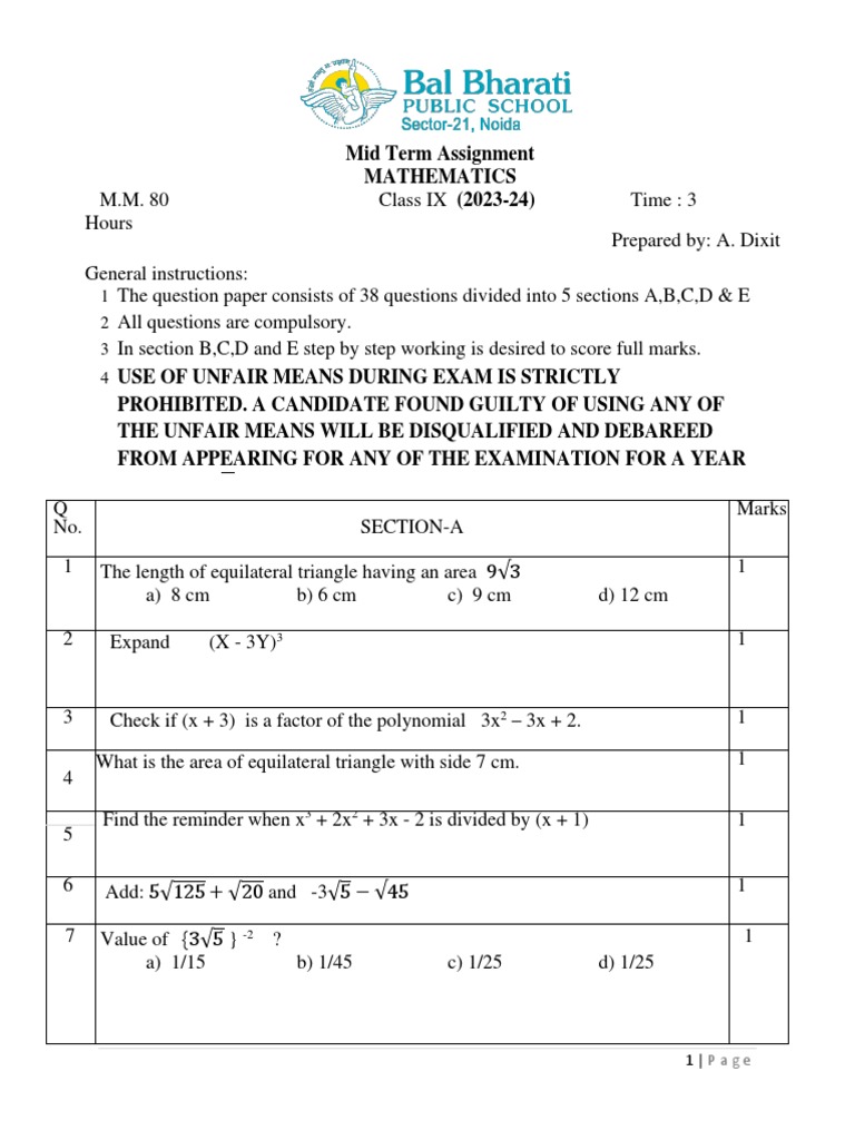 Mid Term Assignment 9 Maths - 230828 - 075701 | PDF | Area | Triangle