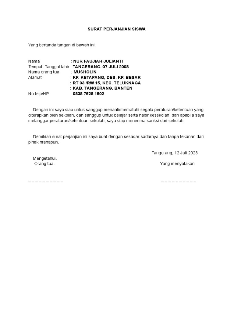 Surat Perjanjian Siswa Pdf