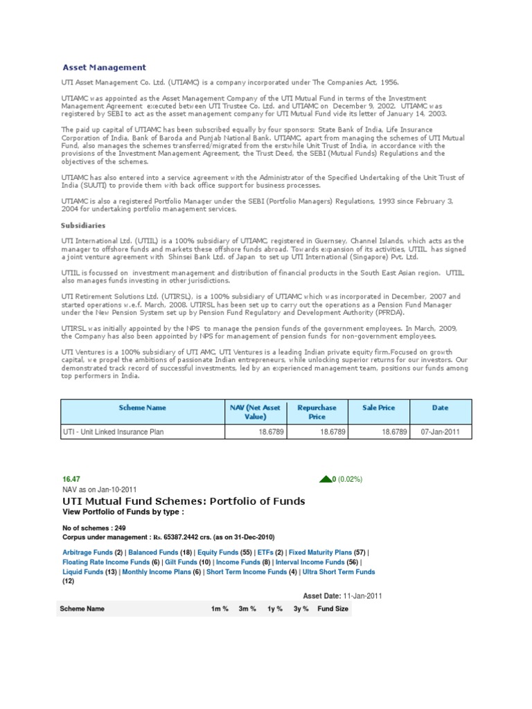 Asset Management: UTI Mutual Fund Schemes: Portfolio of Funds | PDF ...
