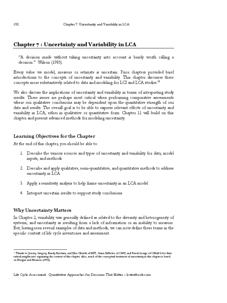 LCA Book - Chapter 7 (Intro Uncertainty) | PDF | Life Cycle Assessment | Uncertainty