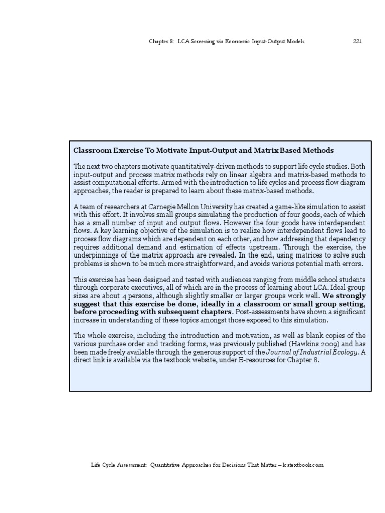 LCA Book - Chapter 8 (Input-Output Analysis) | PDF | Input–Output Model | Life Cycle Assessment