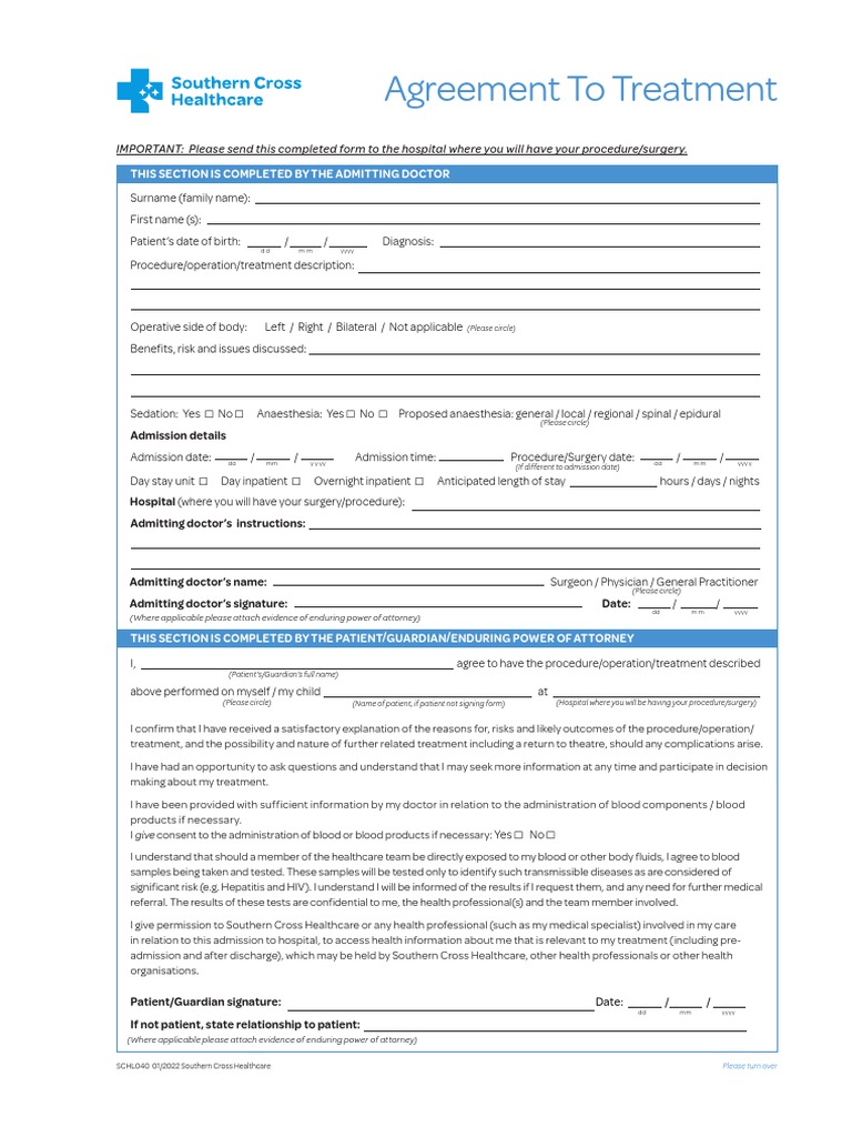SCHL Agreement to Treatment Form | PDF | Anesthesia | Patient