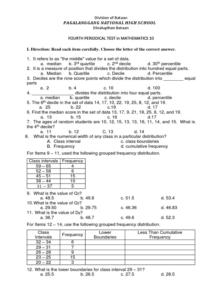 Fourth Periodical Test in Math 10 | PDF | Percentile | Median