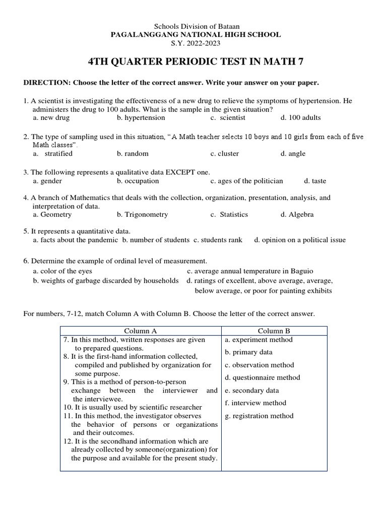 Grade 7 Q4 Summative Test SY 2022-2023 | PDF | Variance | Standard ...