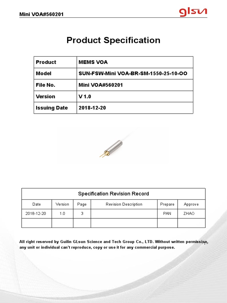 MEMS VOA Product Specs | PDF | Decibel | Optical Fiber