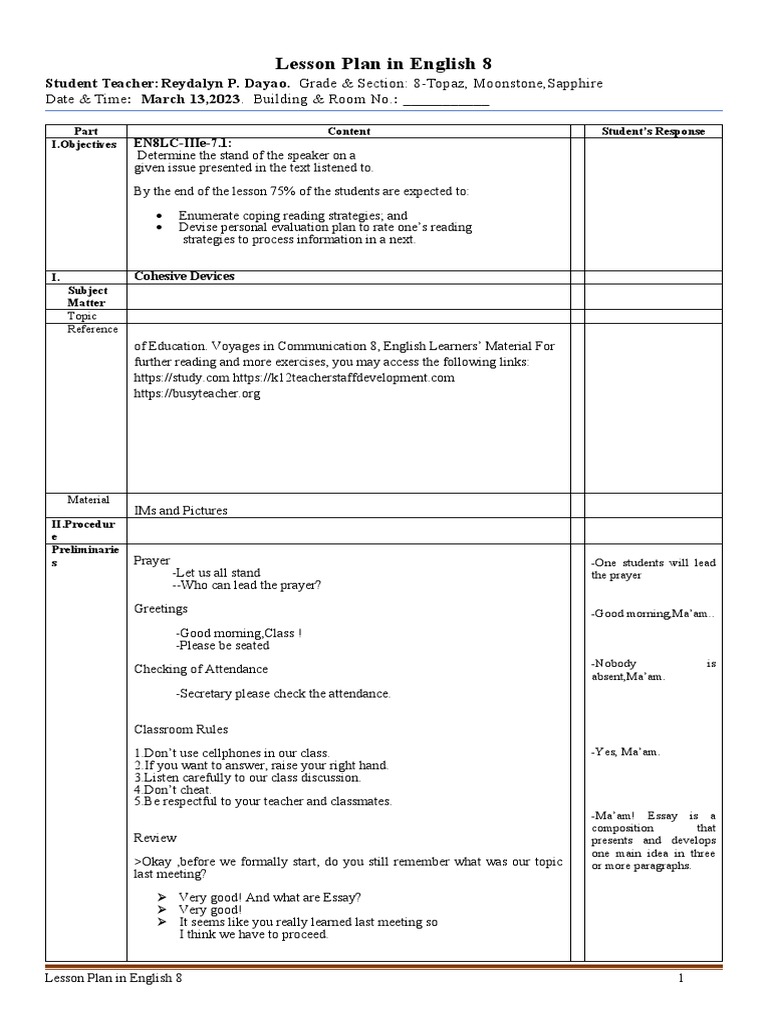 Cohesive Device Lp-6 | PDF | Lesson Plan | Communication