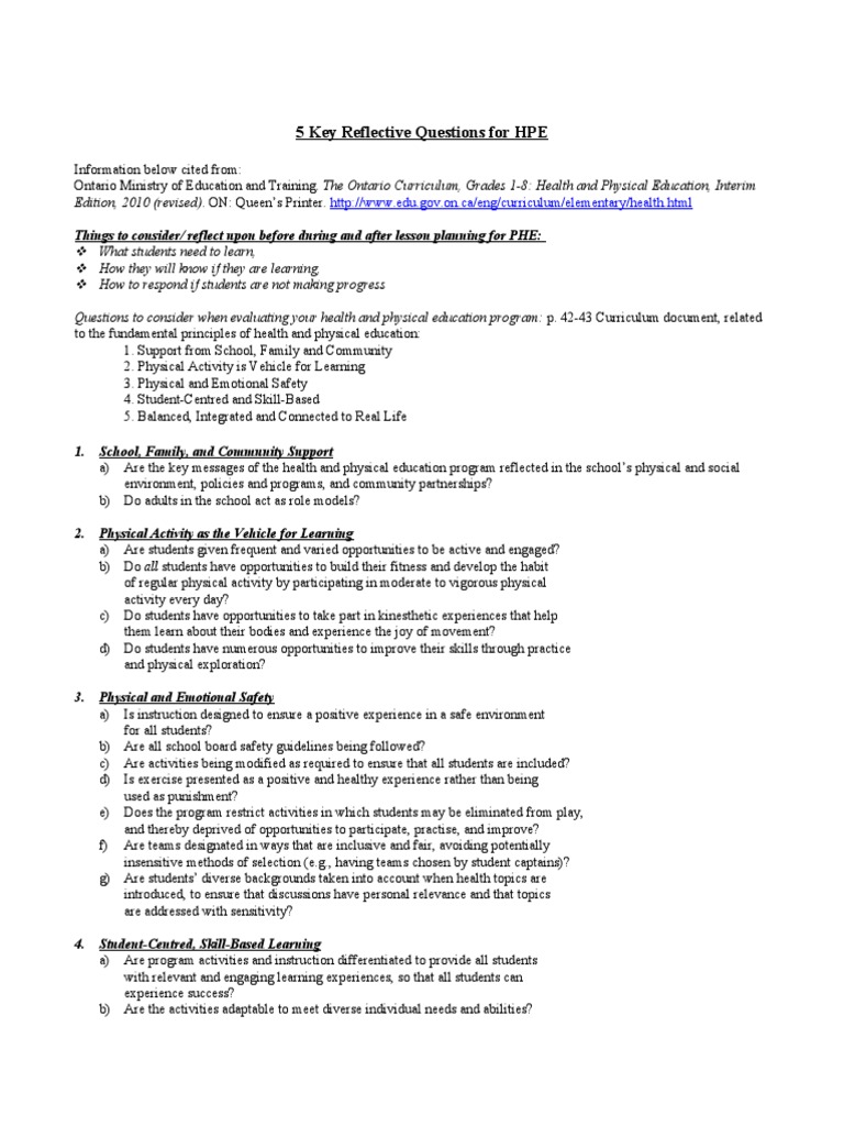 5 Key Reflective Questions in Hpe | PDF | Physical Education | Learning