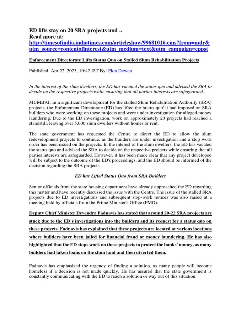 Ed - Removal of Stay Order On Sra Builders - 001 | PDF | Money ...