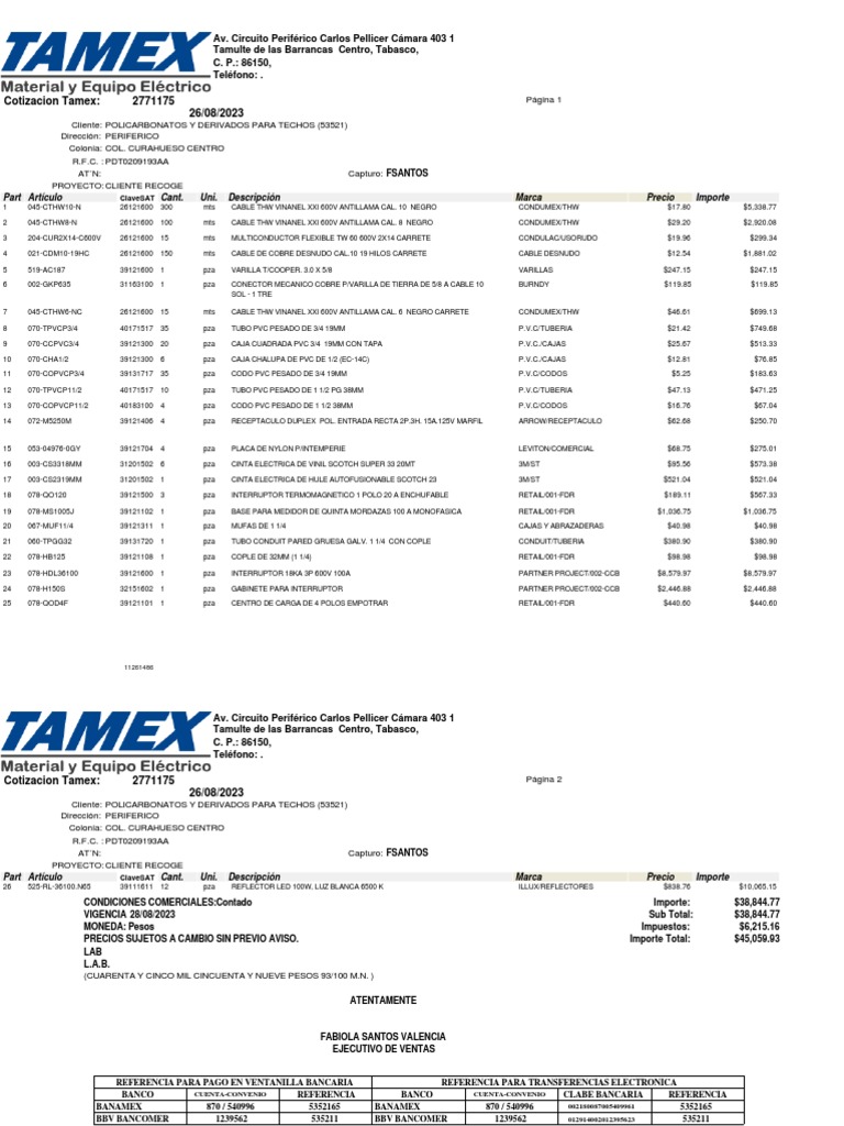Cotizacion Tamex: 2771175 26/08/2023 | PDF | Ingeniería de Edificación | Materiales de construcción