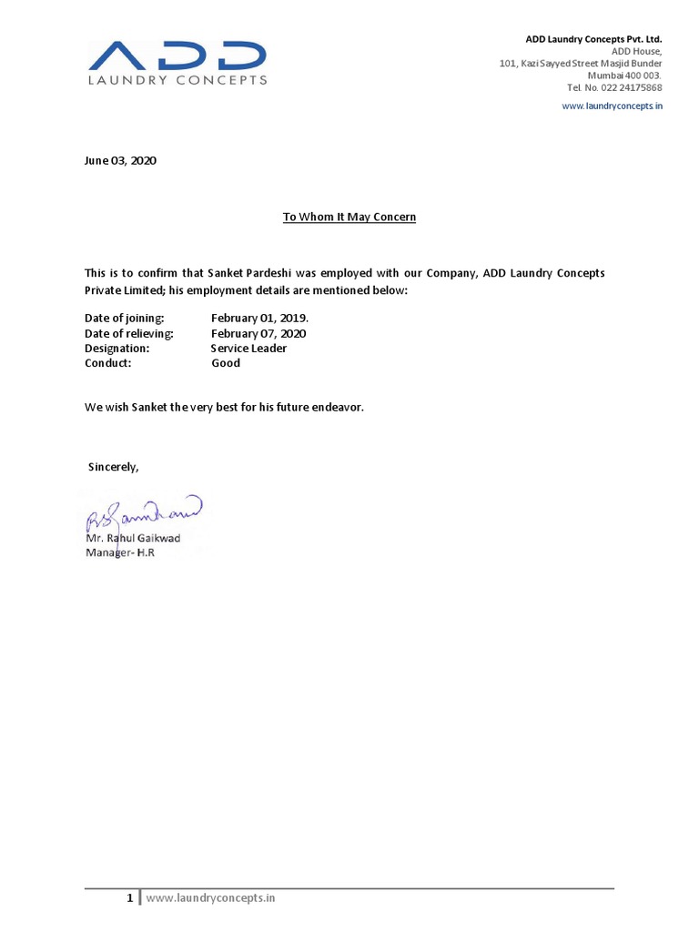 Experience Letter (Service Leader) | PDF