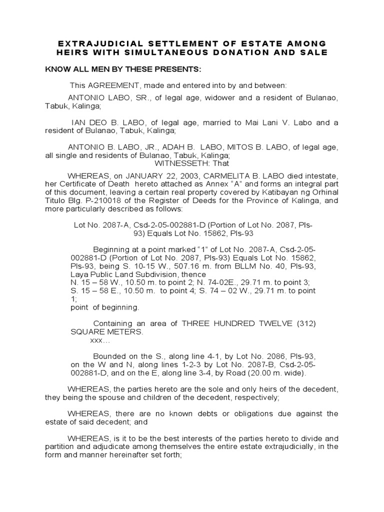 Extrajudicial Settlement of Estate With Simultaneous Donation | PDF | Law And Economics ...