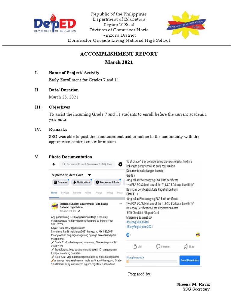SSG Early Enrollment Accomplishment Report | PDF