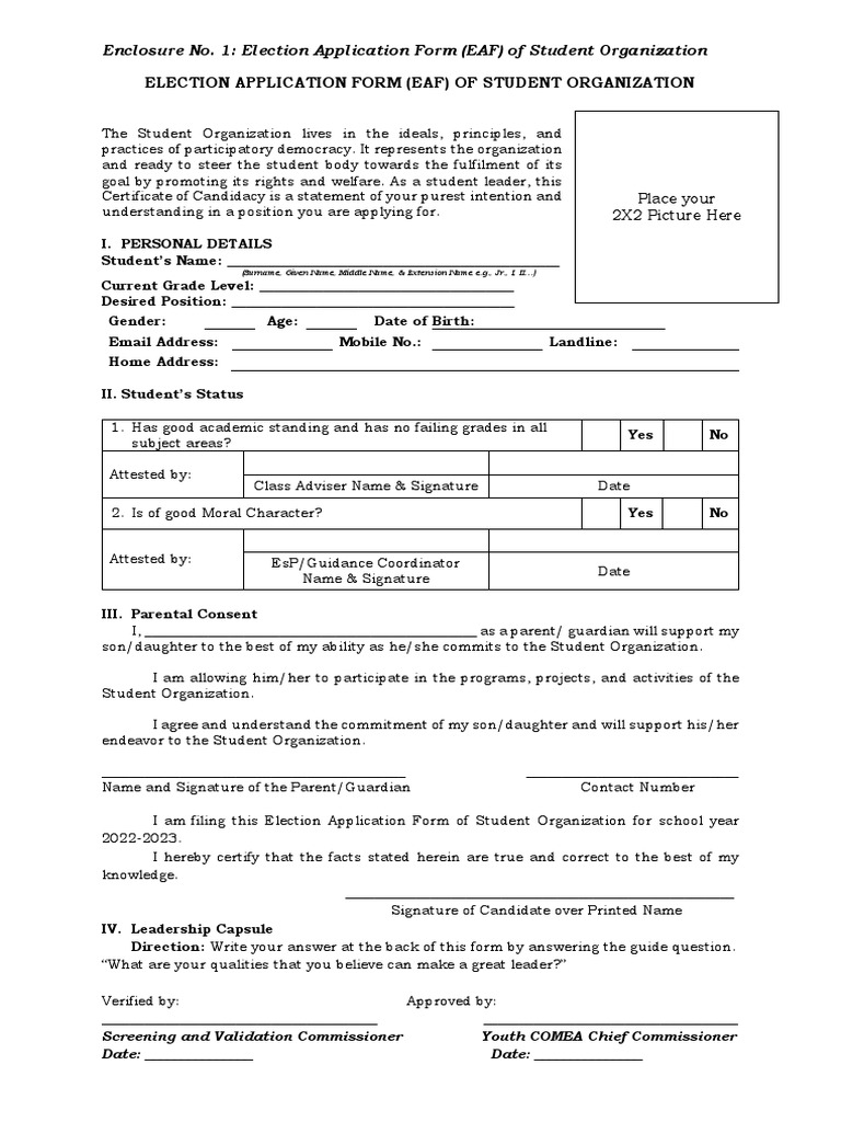 Election Application Form (Eaf) of Student Organization | PDF