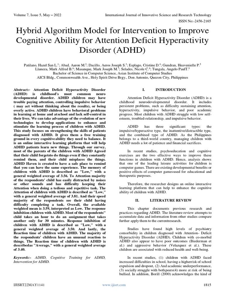 Hybrid Algorithm Model For Intervention To Improve Cognitive Ability ...
