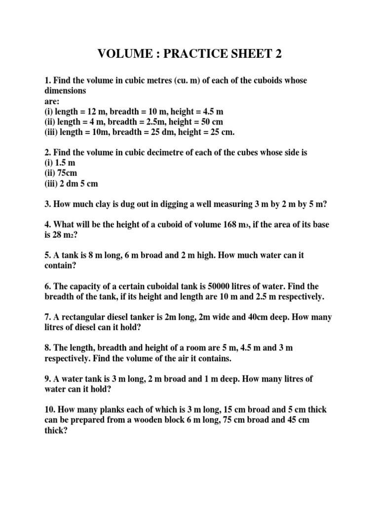 Volume Sheet 2 | PDF | Volume | Litre