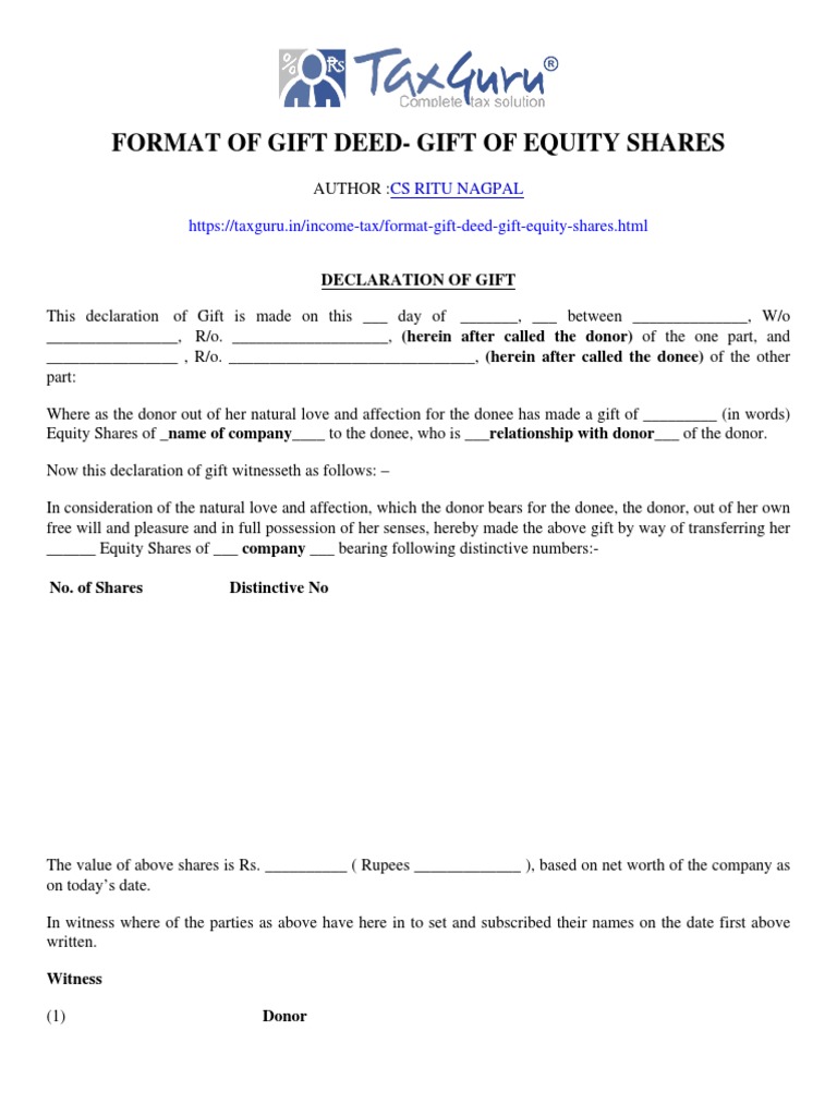 Format of Gift Deed- Gift of equity shares- taxguru.in | PDF