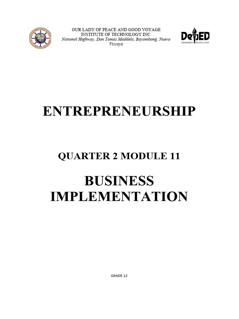 ENTREPRENEURSHIP QUARTER 2 MODULE 11 Businessimplementation | PDF ...