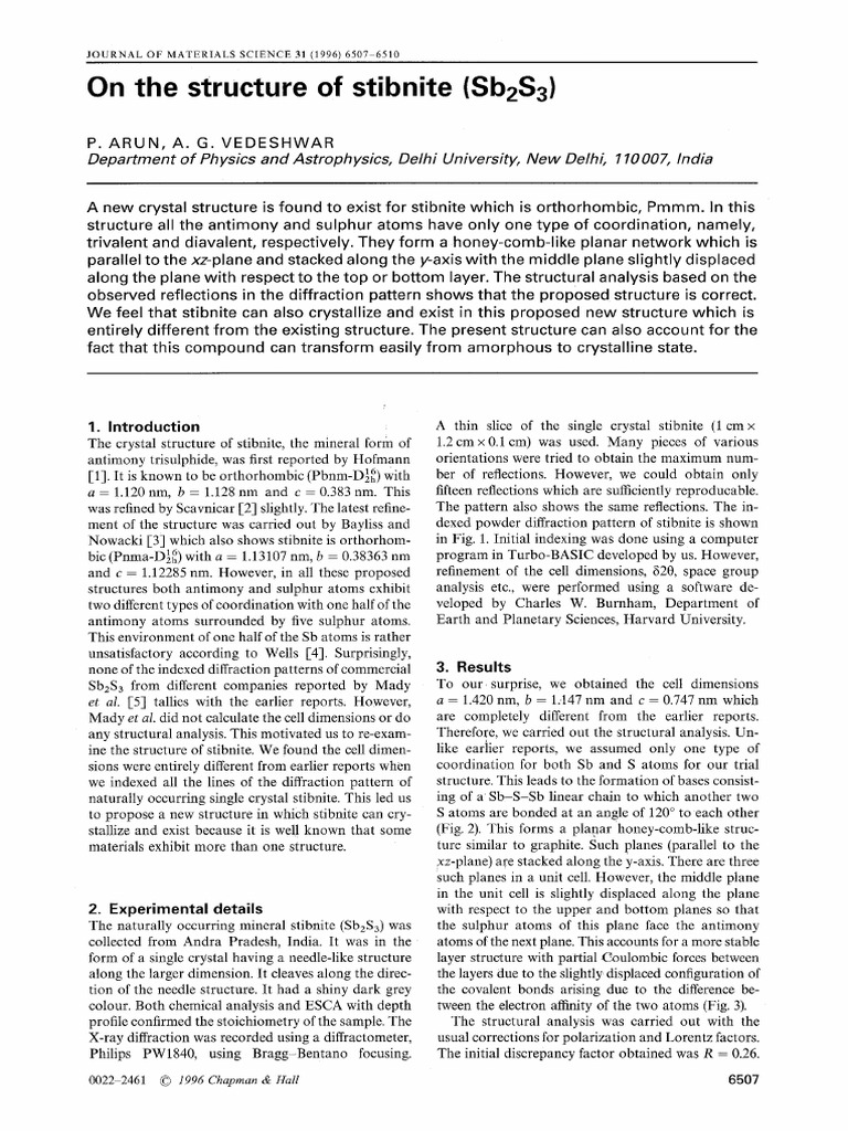 On The Structure Of Stibnite Sb2s3 Pdf Crystal X Ray