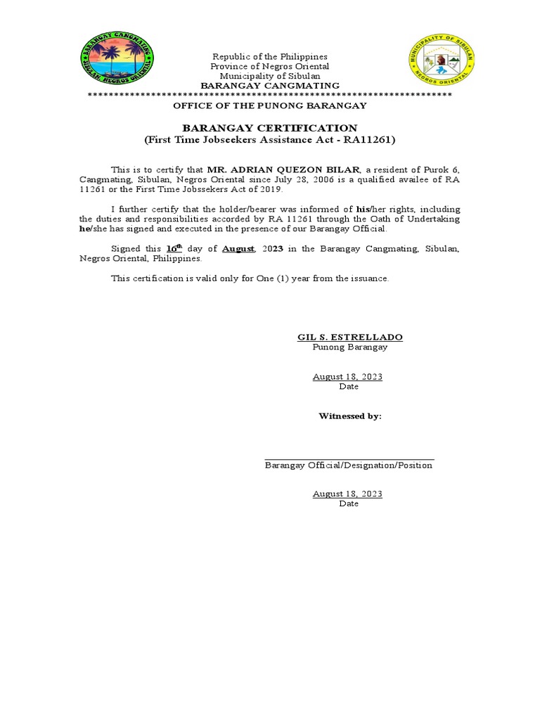 Barangay Certification for Jobseekers | PDF | Government | Justice