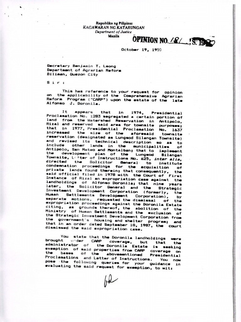 DoJ Legal Opinion No. 181 Series of 1990 | PDF | Governance | Legal ...