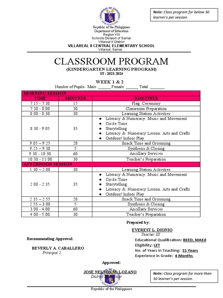 KLP Class Program Kinder | PDF | Teachers | Classroom