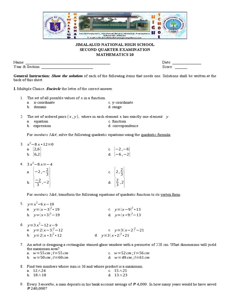 Math9 TQ 2nd | PDF | Quadratic Equation | Function (Mathematics)