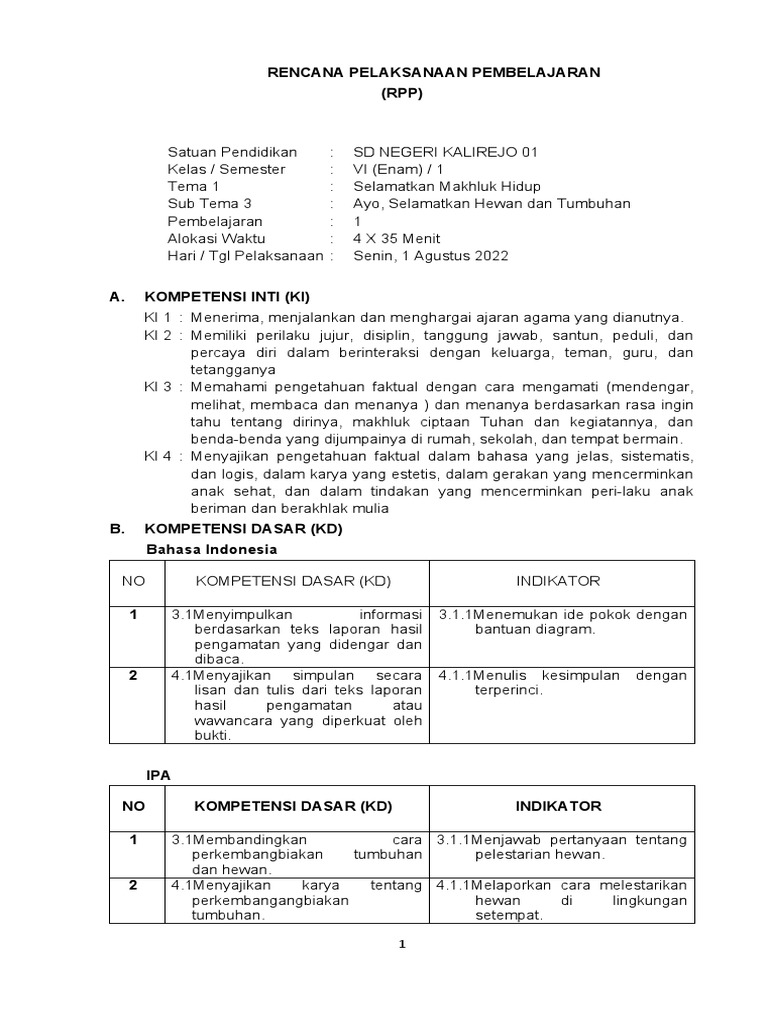 RPP K6 TEMA 1 ST 3 | PDF