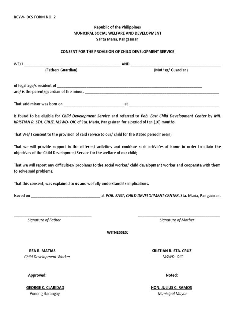 Child Development Service Consent Form | PDF | Social Science | Law