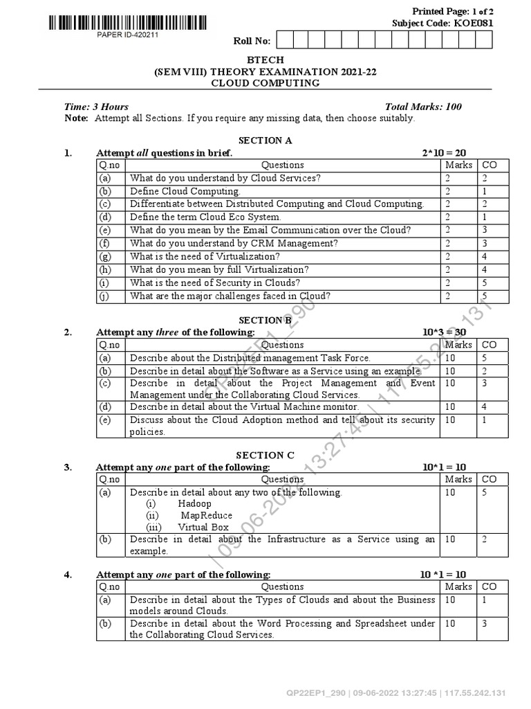 BTech Cloud Computing Exam Questions | PDF | Cloud Computing | Computing