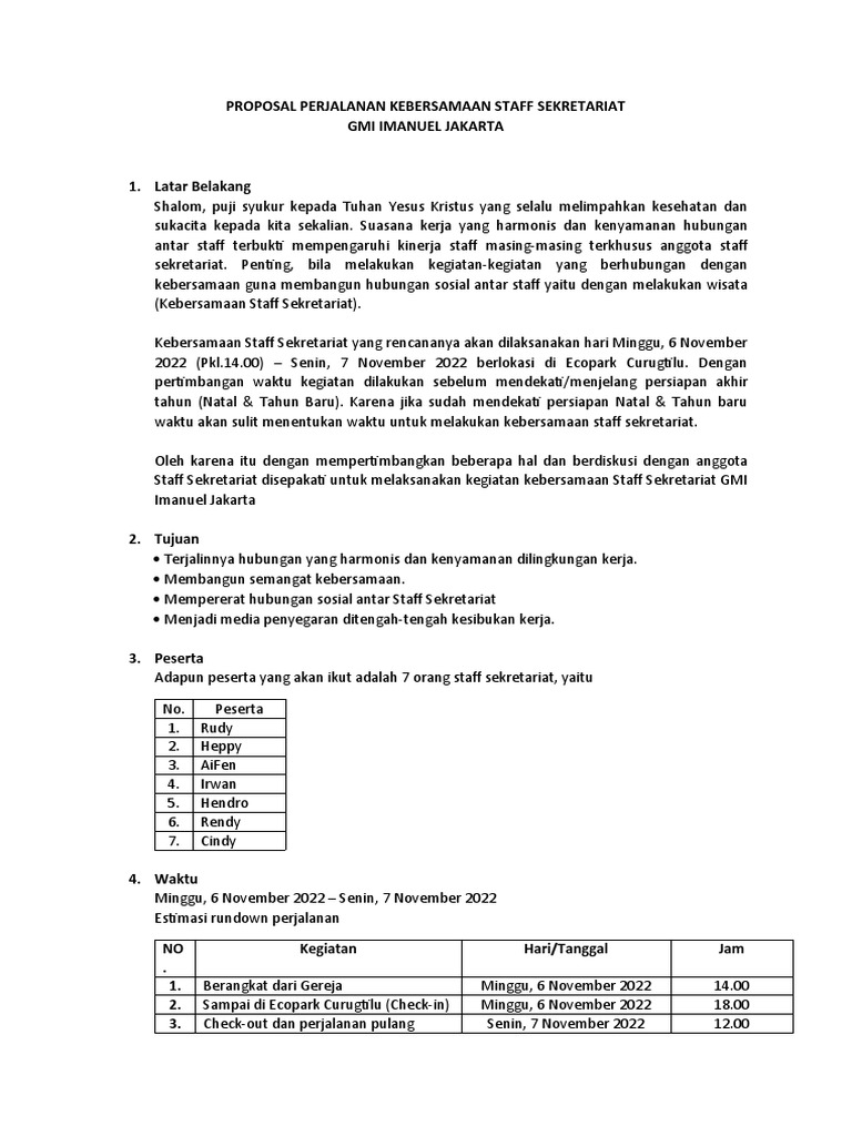Proposal Kebersamaan Staff Sekretariat GMI Imanuel Jakarta | PDF