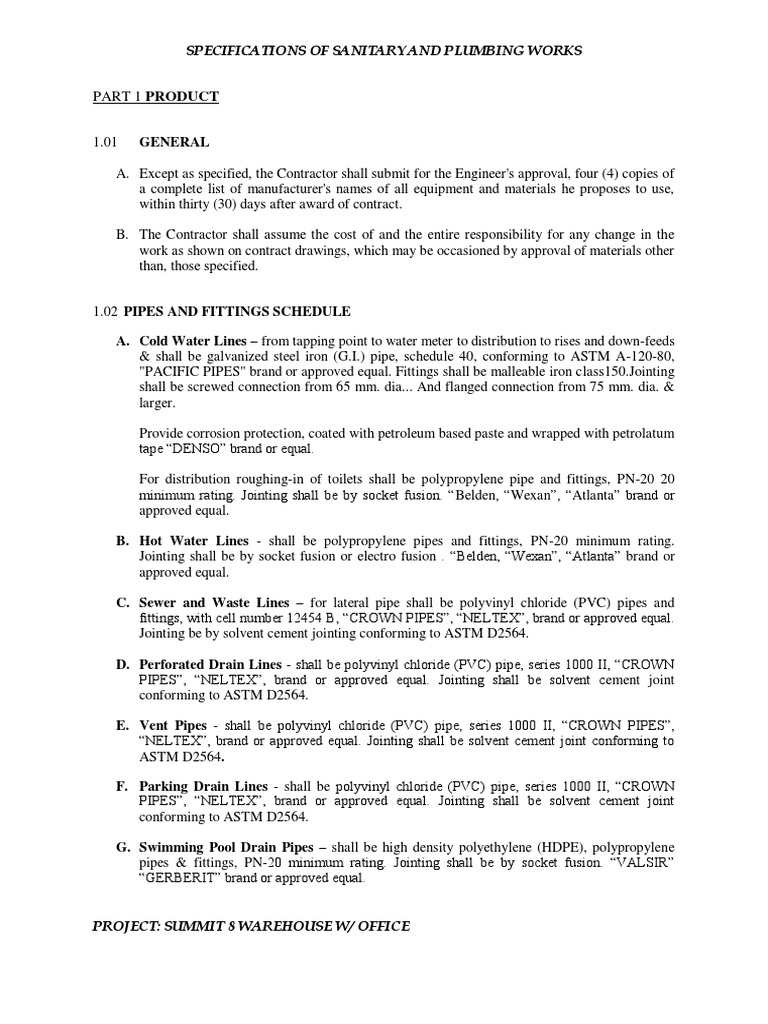 Specifications of Sanitary and Plumbing Works Part 1 Product | PDF | Plumbing | Pipe (Fluid ...