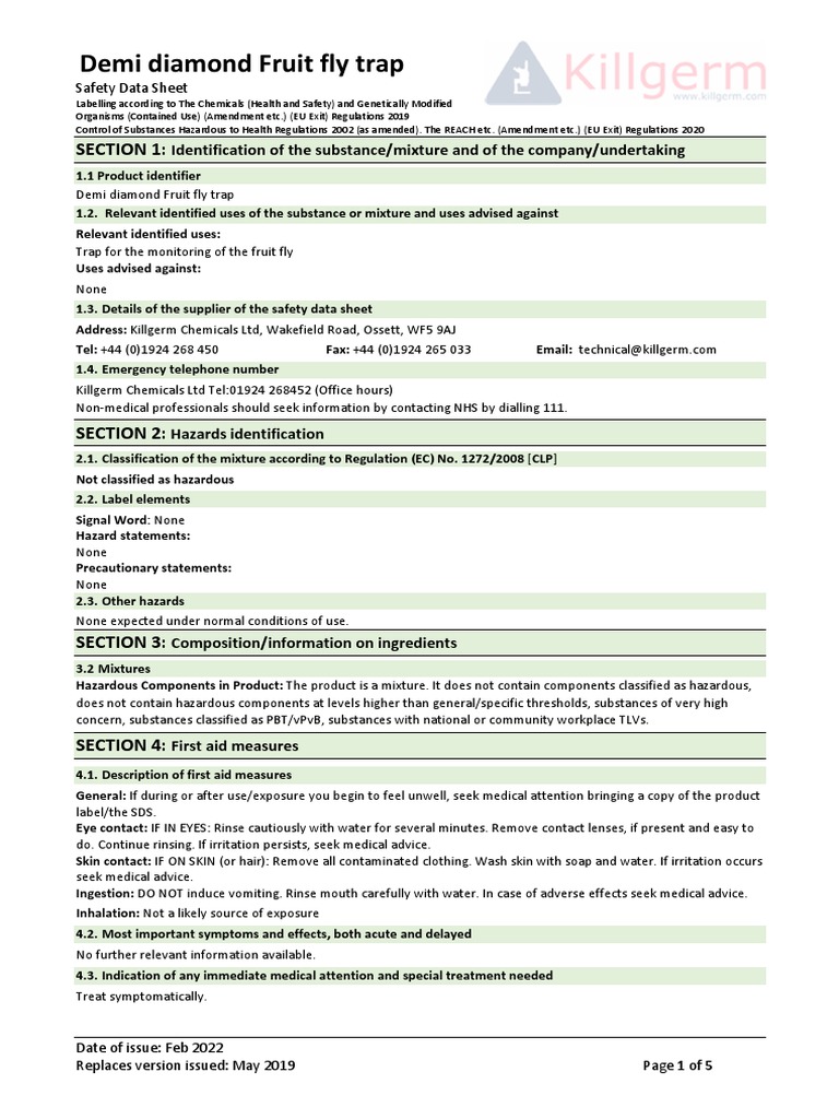 AF Demi-Diamond Fruit Fly Trap MSDS (ENG) 02-2022 | PDF | Personal ...
