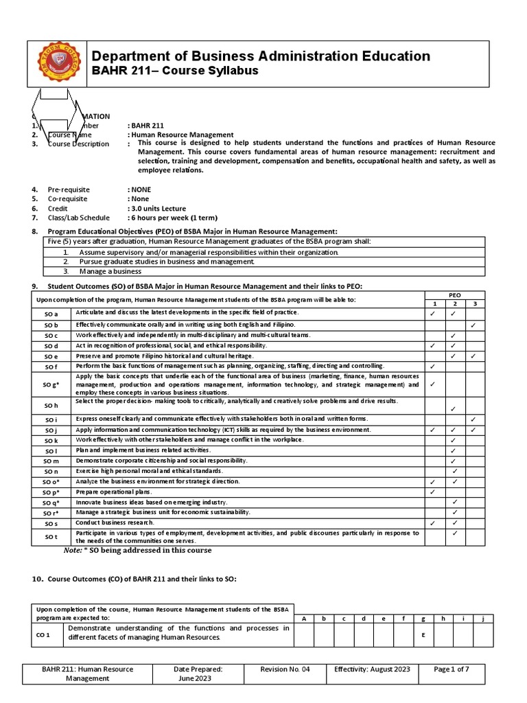 BAHR 211: Human Resource Management Syllabus | PDF | Recruitment | Corporate Social Responsibility