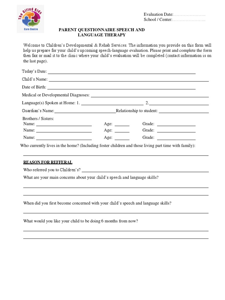 Parent Questionnaire (Speech) | PDF | Stuttering | Speech