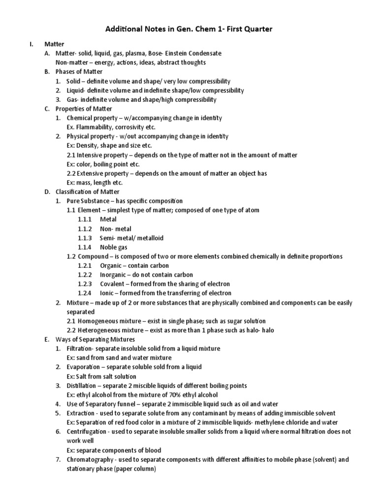 Supplemental Notes in Gen Chem 1 First Quarter | PDF | Ion | Mixture