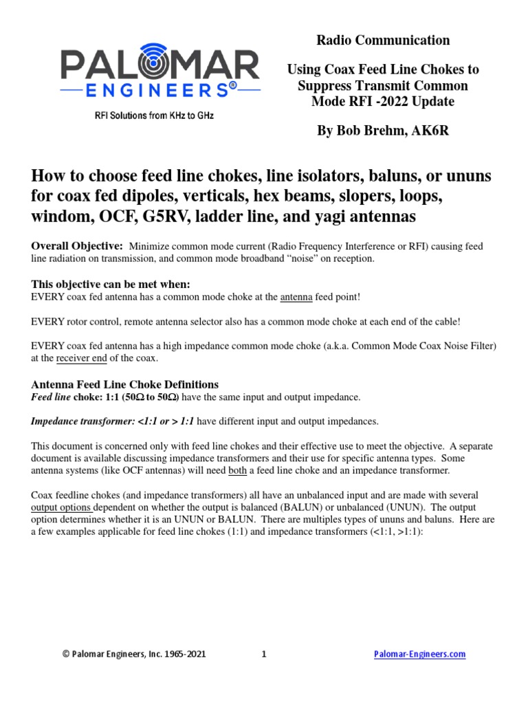 Choosing A Feedline Choke Palomar Engineers 2022 Update by AK6R | PDF ...