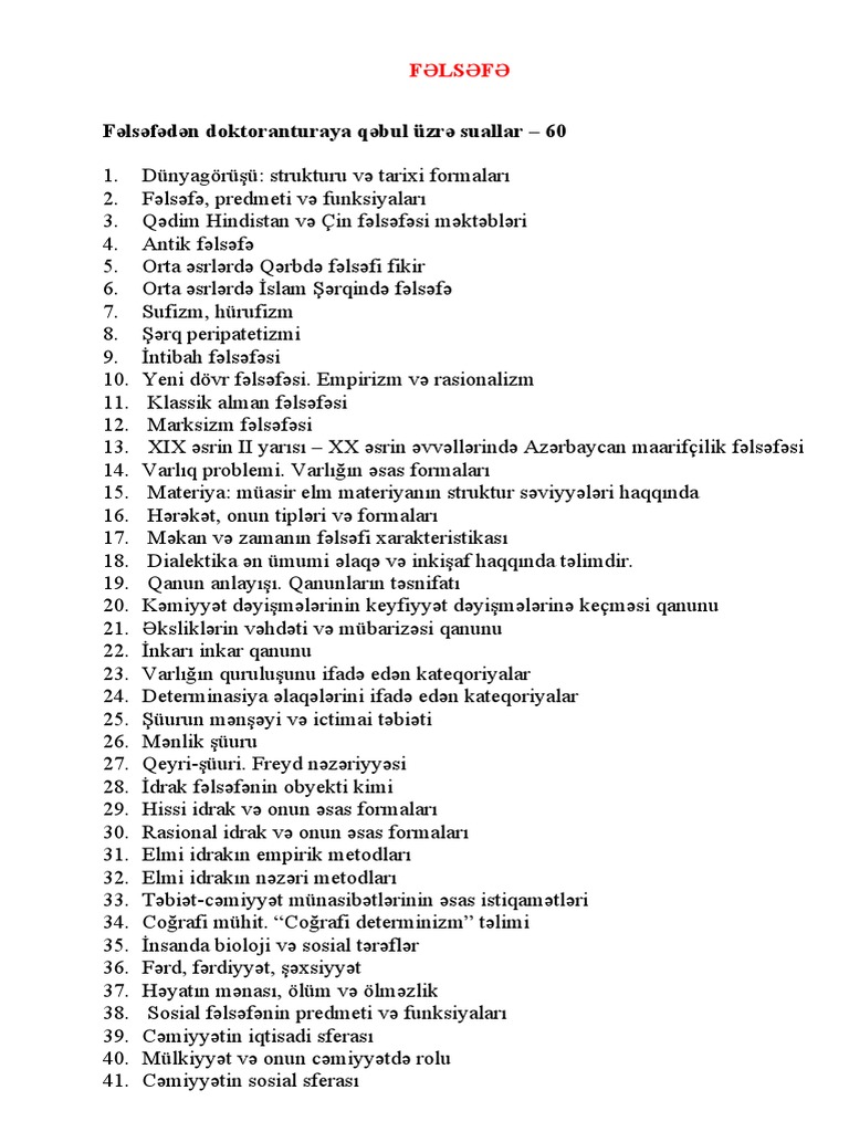 Felsefe 60 Sual Ve Cavabları Son | PDF