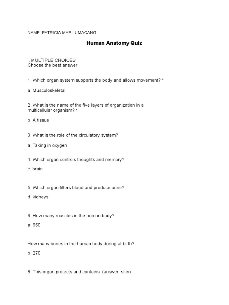 Human Anatomy Quiz | PDF | Wellness