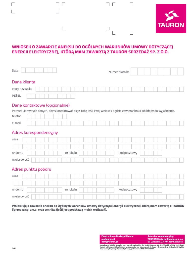 Wniosek o Aneks TAURON Sprzedaz SP Z o o | PDF