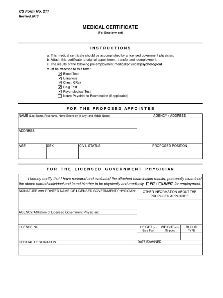 Medical Certificate CS Form No. 211 | PDF