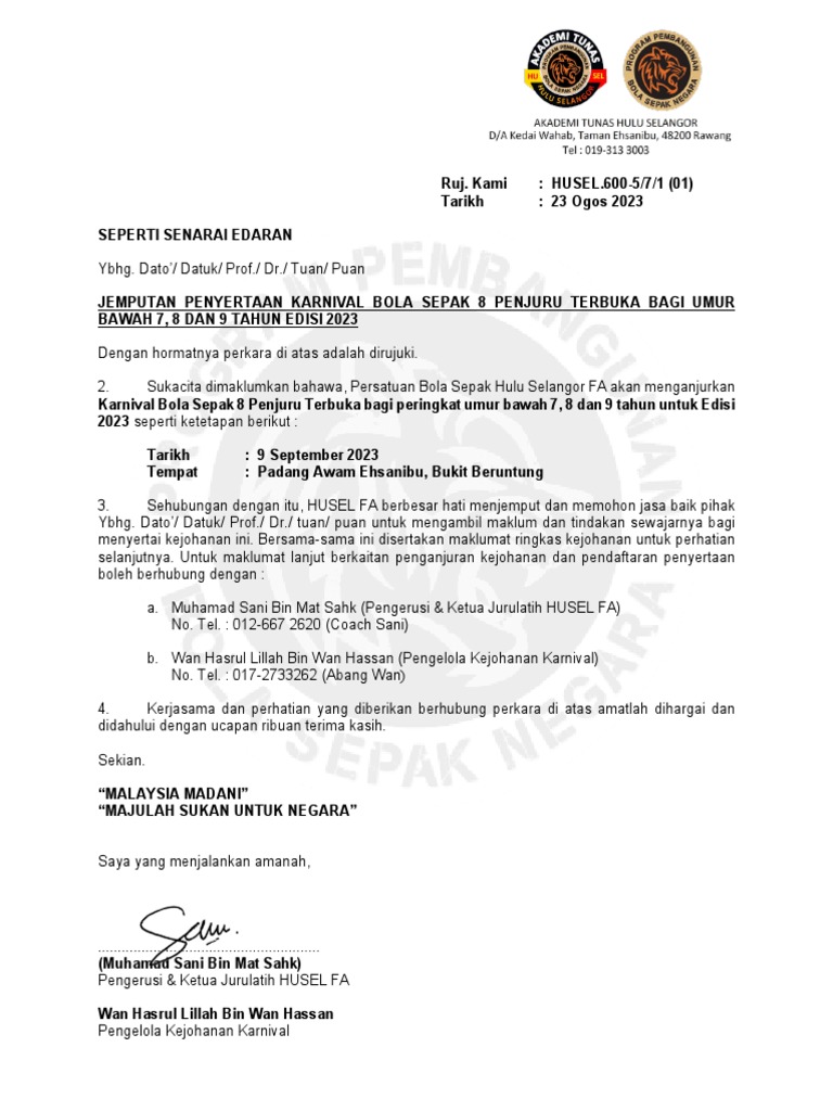 Surat Jemputan Karnival Bola Sepak 8 Penjuru | PDF
