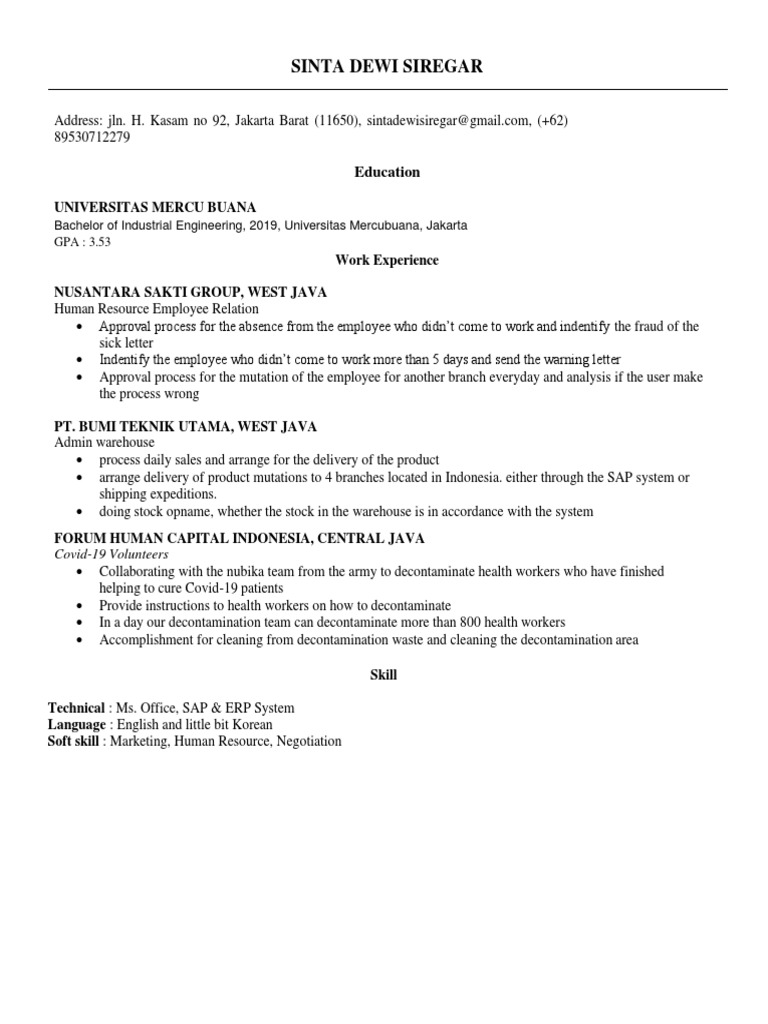 CV ATS - Sinta Dewi Siregar | PDF