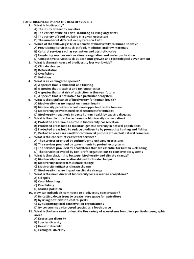 Quiz Biodiversity | PDF | Biodiversity | Conservation Biology