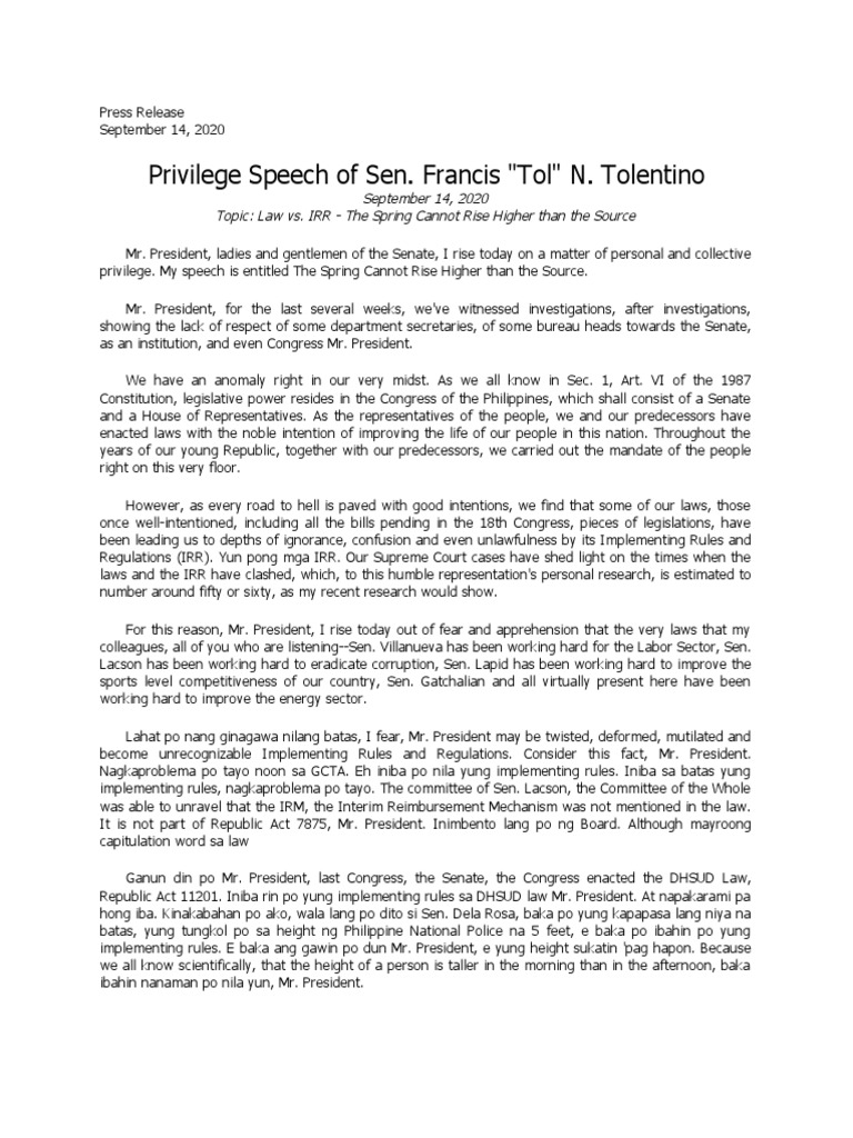 Senator Tolentino Privilege Speech | PDF | Separation Of Powers | Bill ...